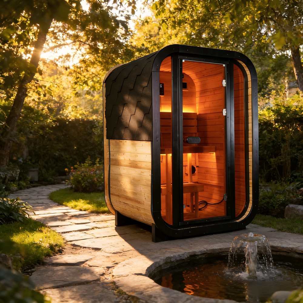 Outdoor Traditional Steam Sauna - Carbonized Spruce Wood, Tinted Glass ...