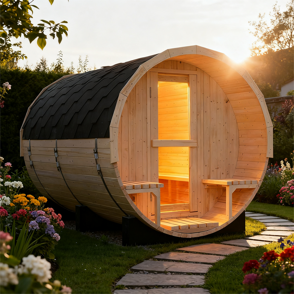 4-6 Person Outdoor Barrel Sauna - Premium White Pine Wood, All-Weather ...