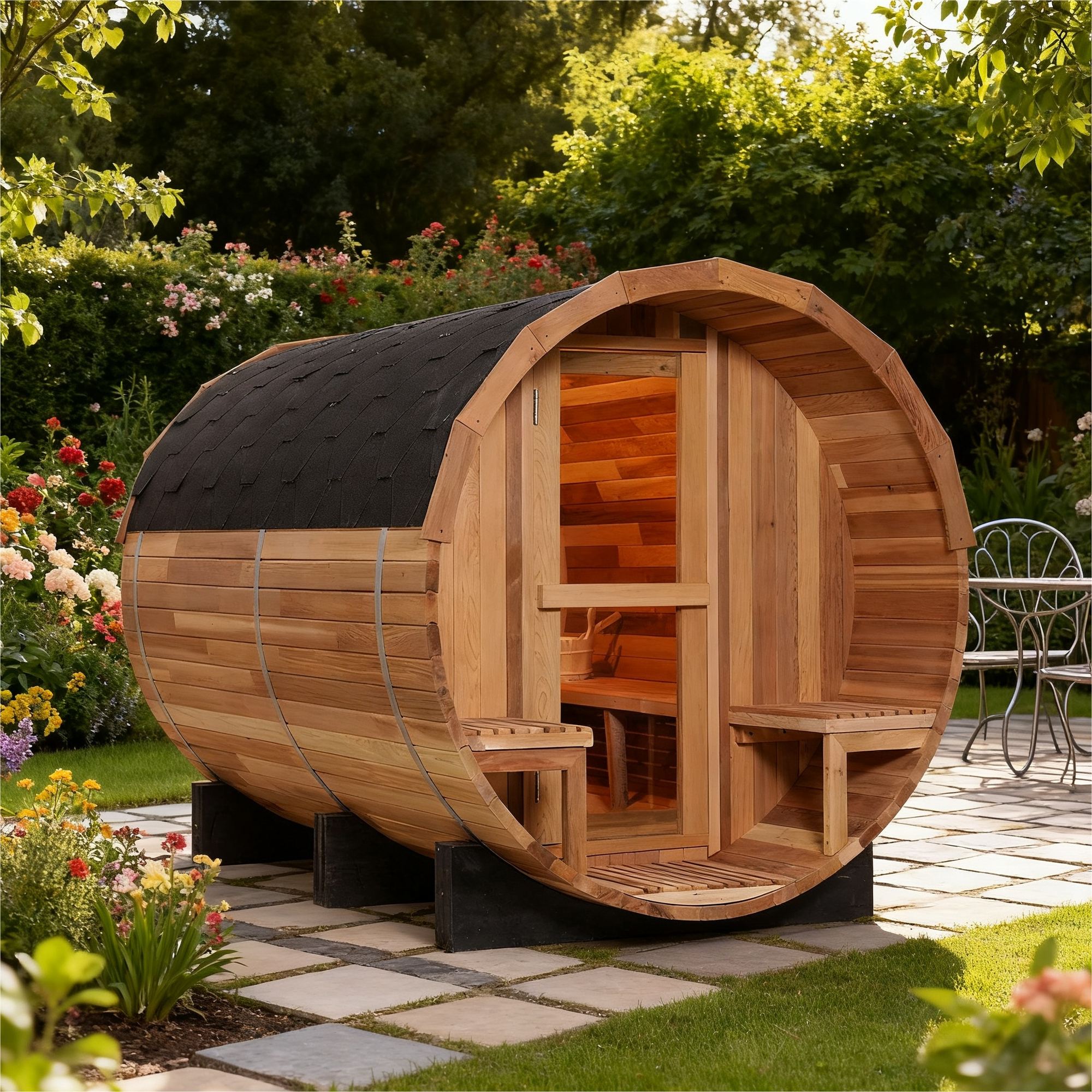 6 Person Outdoor Barrel Sauna with Front Porch, Patchwork Red Cedar ...